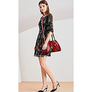 PIJUSHI Designer Floral Handbags for Women Genuine Leather Top Handle Satchel Handbags(66312 Red)