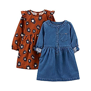 Simple Joys by Carter's Girls' 2-Pack Long-Sleeve Dress Set, Chambray/Cheetah, 5T