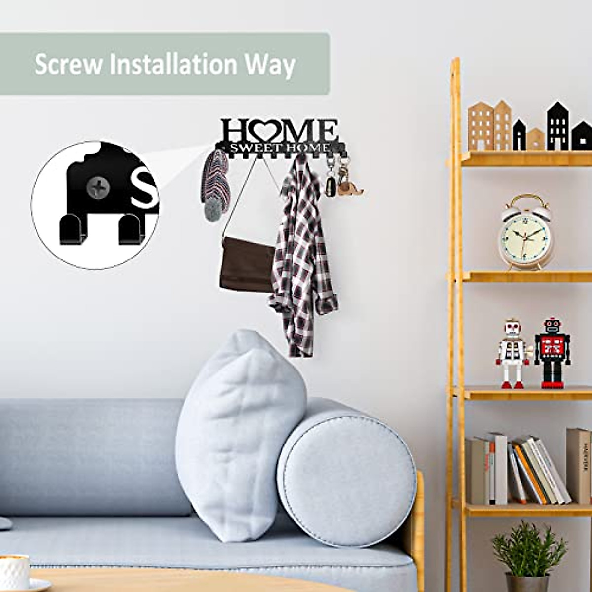 RELBRO Key Holder Wall Mounted, Black Metal Key Holder for Wall Decorative Home Key Rack Hooks Key Hanger with 10 Hooks for Entryway Doorway Hallway Office 2 Installation Ways 10.27'' x 3.62''