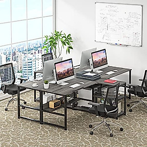 Tribesigns 94.5 inch Two Person Desk with Storage Shelves and Tiltable Tabletop, Double Computer Desk with Printer Shelf, Extra Long Double Workstation Desk Study Table for Home Office (Grey)