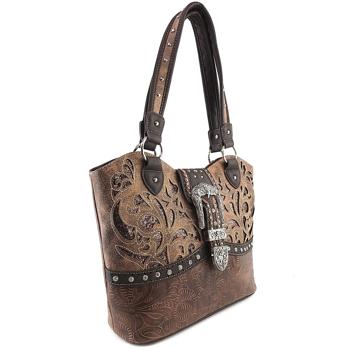 Justin West Tooled Laser Cut Leather Floral Embroidery Rhinestone Buckle Studded Shoulder Concealed Carry Tote Style Handbag Purse (Brown Brown Purse)
