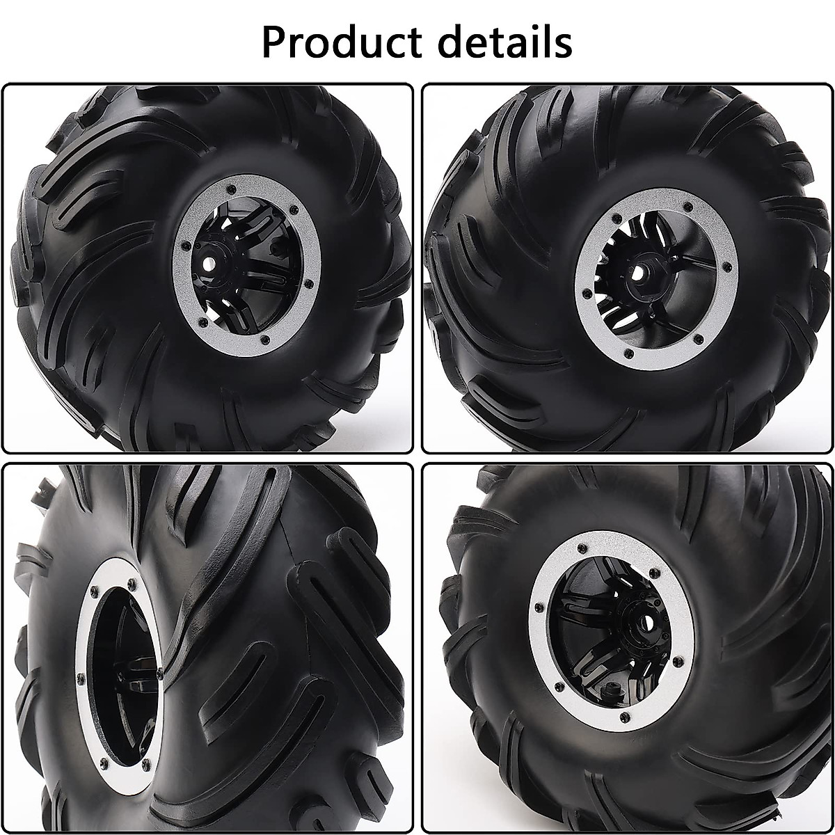 Rchobbytop 4-Pack RC 2.2" Tires Inflatable OD 140mm Mud Badland Tractor Tread Tyres and 12mm Wheel Rims Lock Nuts for 1/10 Rock Crawler Monster Truck Traxxas Maxx Axial RC4WD, Silver