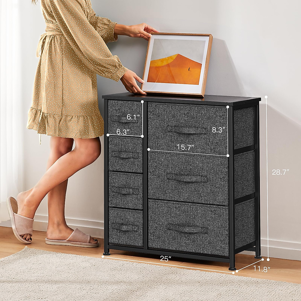 Pipishell Fabric Dresser with 7 Drawers, Storage Tower Drawer Dresser for Bedroom, Closets, Bedroom, Nursery Room, Hallway, Entryway, with Wood Top and Easy Pull Handle