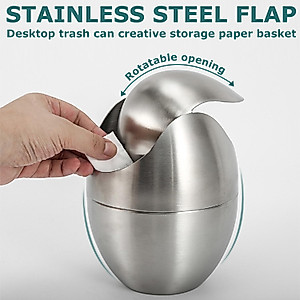 Chemlliy Mini Trash Can with Lid, Tiny Stainless Steel Countertop Trash Can, Egg Shaped Small Desk Trash Can Garbage Bin, Come with Trash Bag