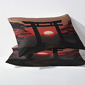 zcwl Japanese Duvet Cover Cal King Size | Japan Torii Gate Bedding Set | 3 Piece | Soft Microfiber Patterned Comforter Cover with Zipper Ties & 2 Pillowcases | Japanese Bedroom Decor