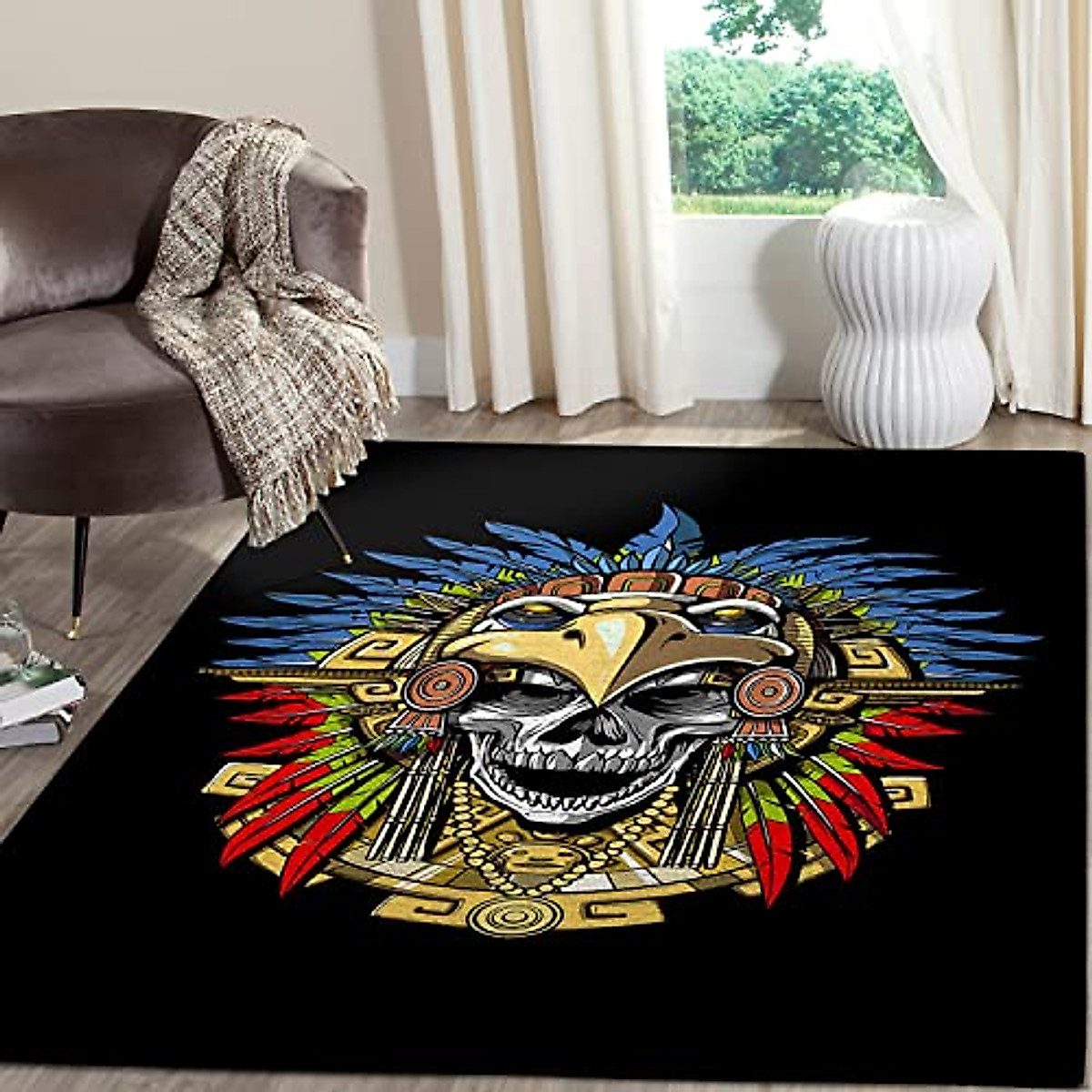 LINDENPAL Aztec Skull Warrior, Aztec Eagle Mask Headdress, Aztec Mythology, Mayan Civilization, Native Mexican Large Rug: 5x8 Feet Area Rugs