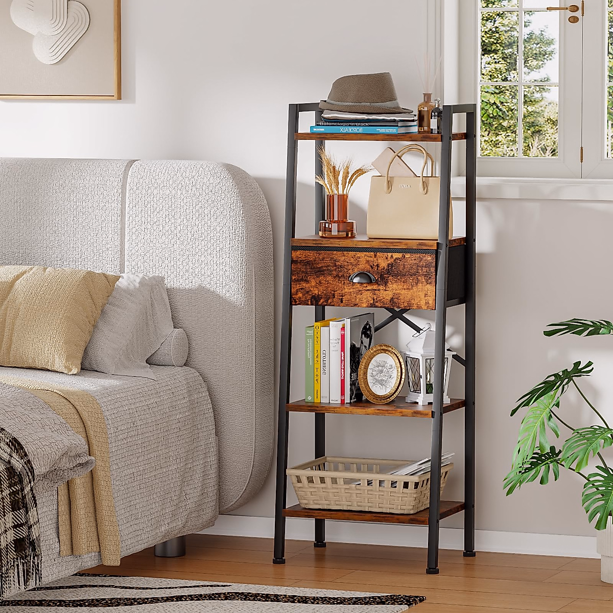 Furologee 4 Tier Ladder Shelf, Narrow Ladder Book Shelf with Drawer, Modern Bookcase Freestanding Shelf Units, Storage Shelves Organizer for Bedroom, Living Room, Bathroom, Home Office, Rustic Brown