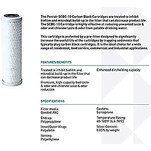 Pentair Pentek SCBC-10 Carbon Water Filter, 10-Inch, Under Sink Silver-Impregnated Carbon Block Replacement Cartridge, 10" x 2.5", 0.5 Micron, White