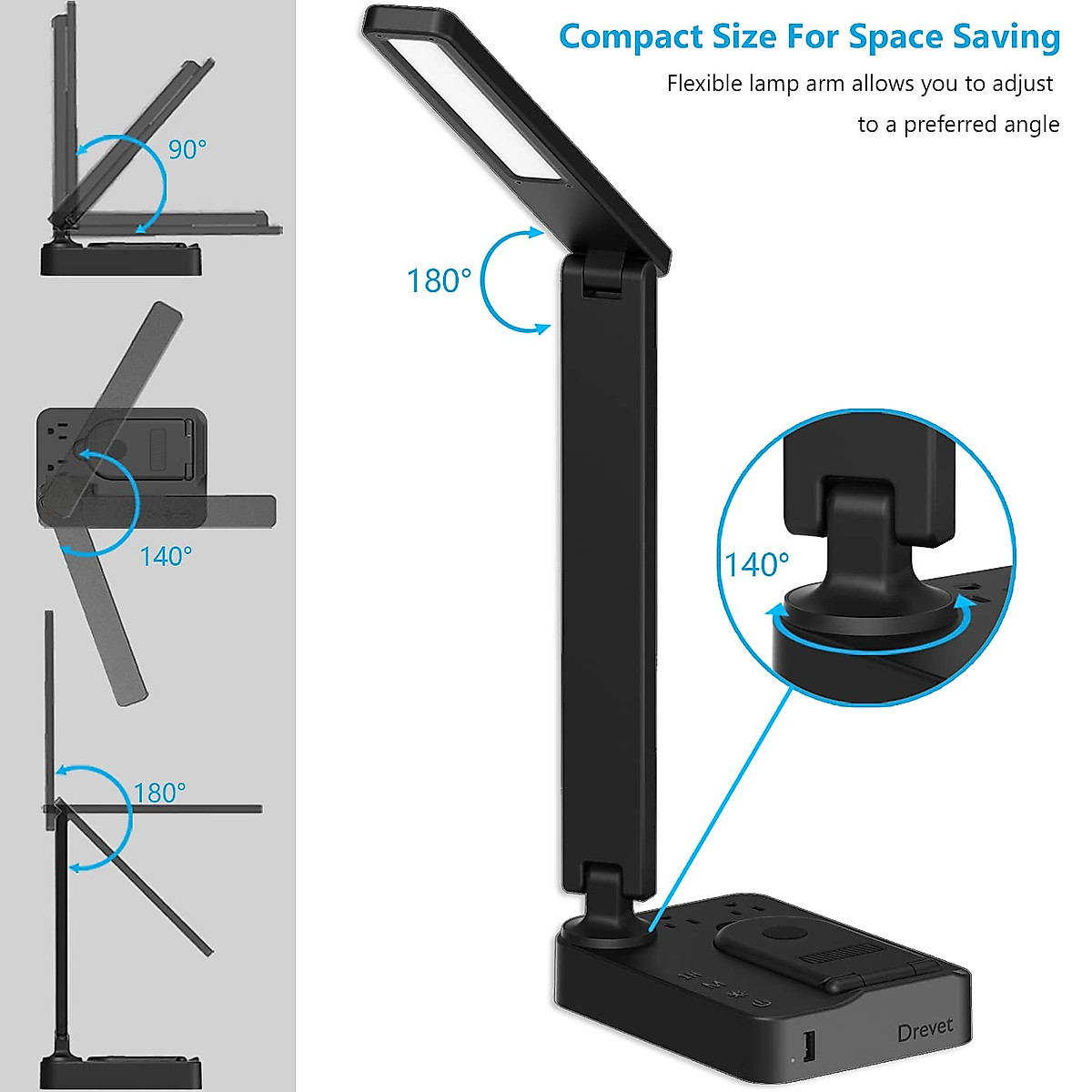 Drevet LED Desk Lamp with Wireless Charger, Desk Table Light with USB Charging Port and 2 Outlets, 3 Lighting Modes, 3 Level Brightness, 1H Timer, Touch Control, Eye-Caring Home Office Foldable Lamp