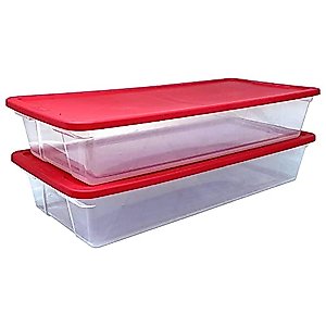 Homz 3421CLRDDC.02 Large 41 Quart Clear Plastic Under Bed Stackable Holiday Storage Container with Red Snap Lock Lid, 2 Pack