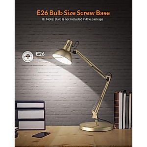 LEPOWER Metal Desk Lamp, Adjustable Goose Neck Architect Table Lamp with On/Off Switch, Swing Arm Desk Lamp with Clamp, Eye-Caring Reading Lamp for Bedroom, Study Room &Office (Brass)