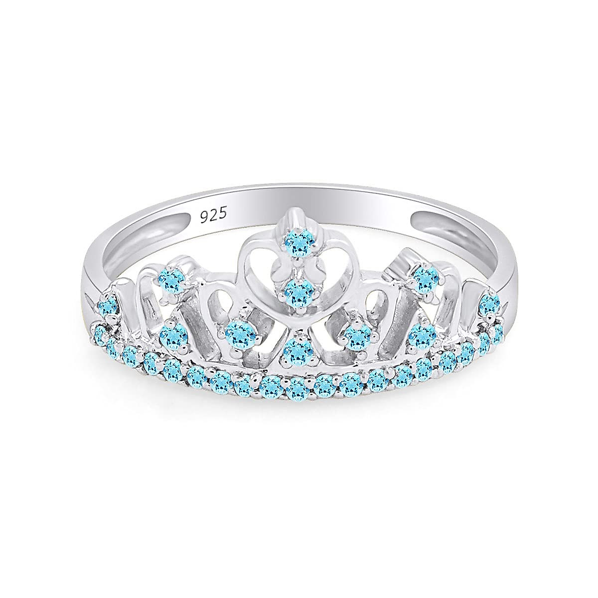 AFFY Round Cut Simulated Aquamarine Princess Crown Ring in 14k White Gold Over Sterling Silver