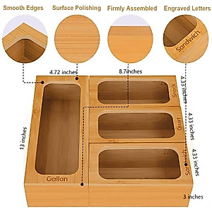 Premium Thick Solid Bamboo Storage Bag Organizer, Organizadores De Cocina, Food Baggie Dispenser for Kitchen Drawer Compatible with Most Brand (4 Piece Set)
