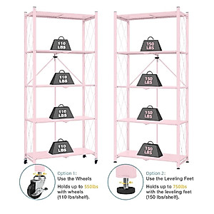 AZEITE 5-Tier Storage Shelving Unit, Heavy Duty Metal Shelf 27.9"x13.4"x62.5, Foldable Storage Shelf with Wheels, Garage Shelf, Kitchen Shelf with 4 Hooks, No Assemble Require（Pink）