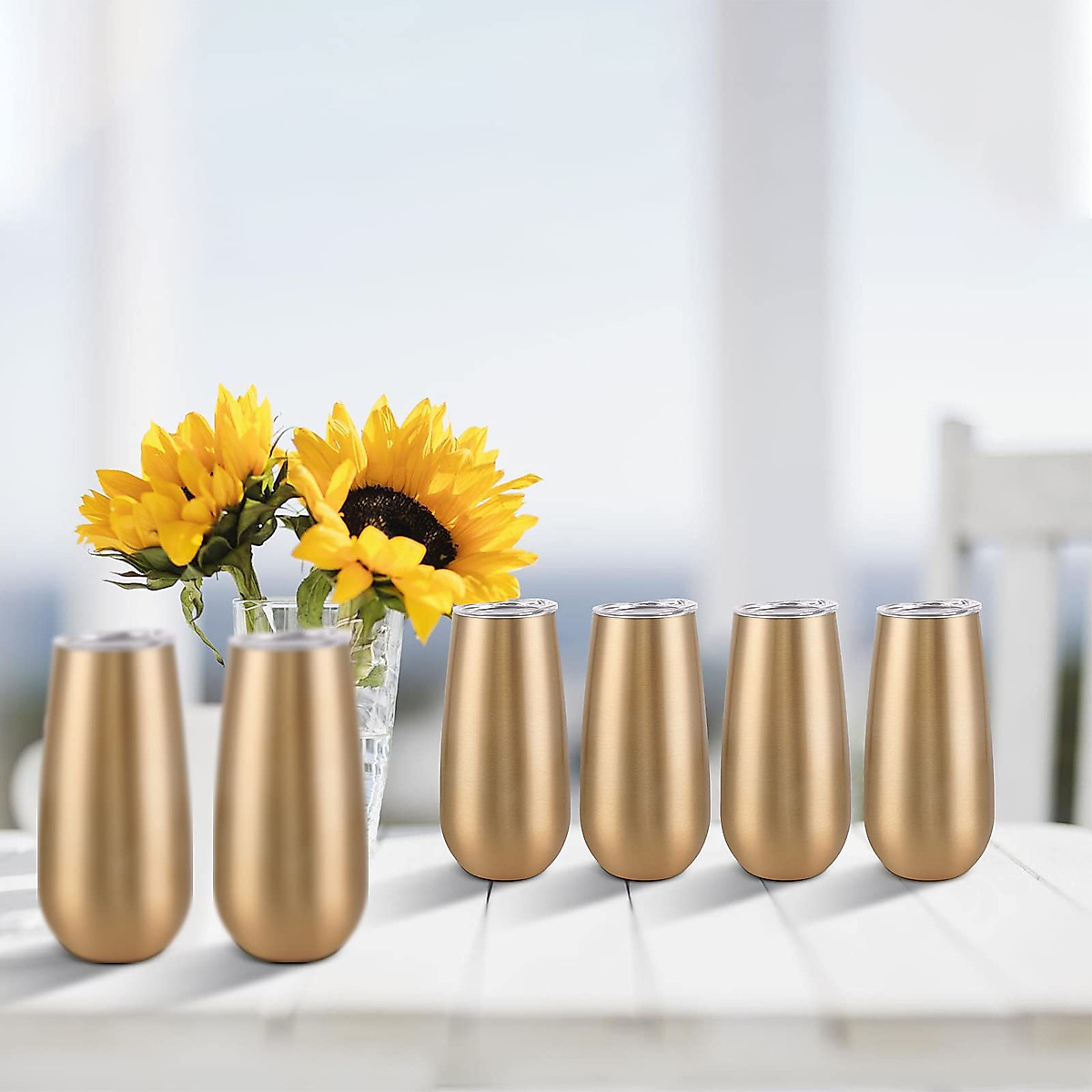 6 Pack Stemless Double Insulated Champagne Flute Tumbler with Lid, 6 Oz Unbreakable Reusable Cocktail Cups Champagne Toasting Glasses, Birthday Christmas Gifts for Friends, Wine Glass Tumbler, Golden