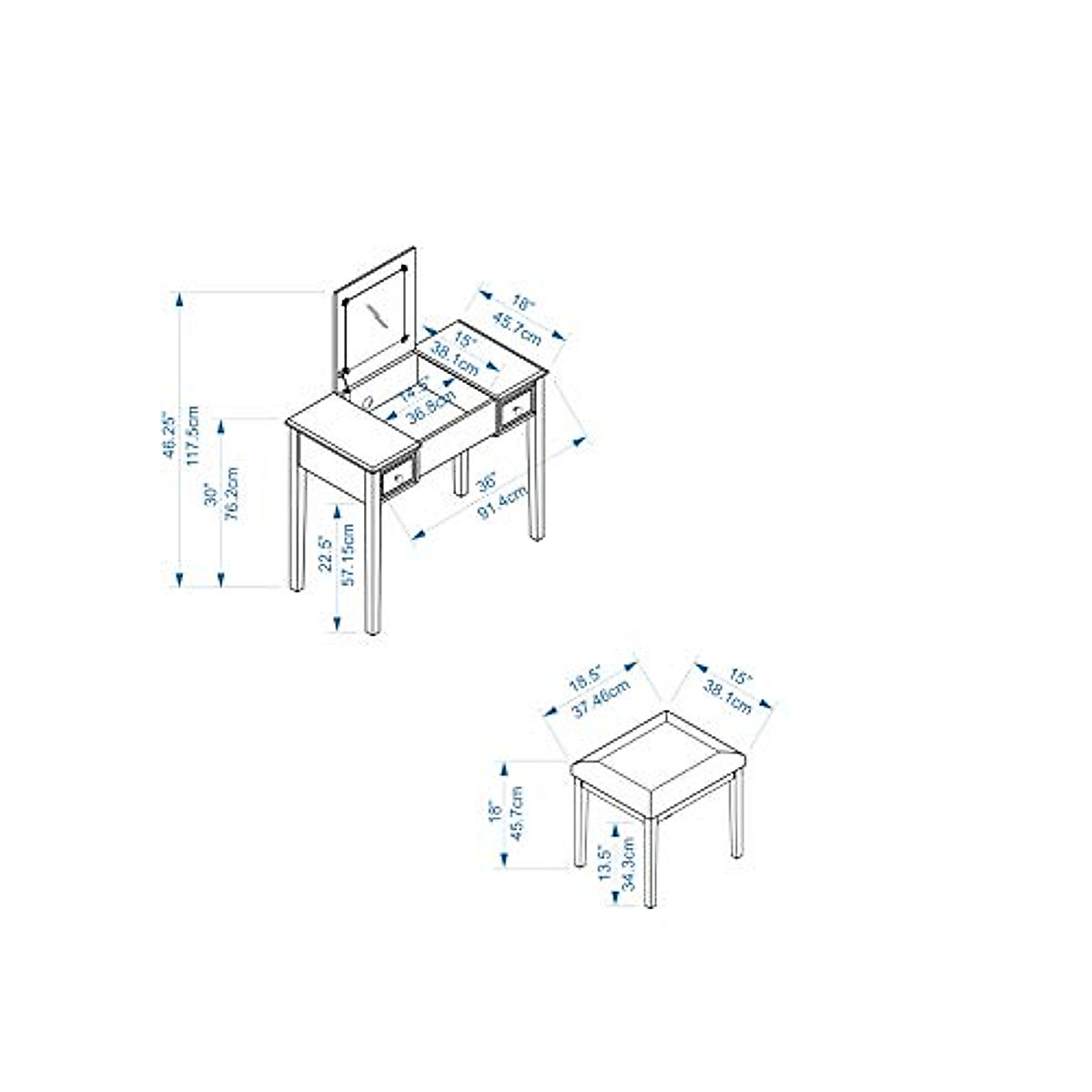 Linon Home Dcor Linon Black Butterfly Stool Vanity Set with Bench, 36"w x 18"d x 30"h,