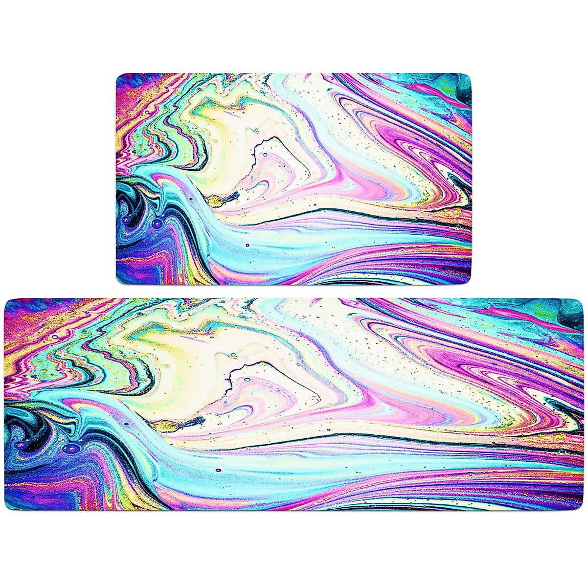 Rainbow Colors Kitchen Rugs Mats Set of 2 Iridescent Marble Art Anti-Fatigue Cushioned Kitchen Floor Mat Non-Slip Backing Washable Kitchen Rugs Set Office Laundry (Rainbow, 17"x29.5"+17"x47")