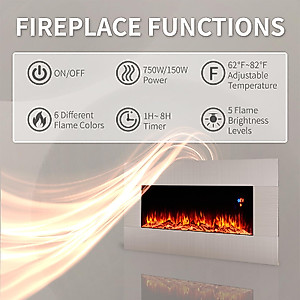 AMERLIFE 40" Wall Mount Electric Fireplace with Remote Control, Wall Hanging Fireplace Heater with Adjustable Flame Colors and Heater, Top-Vent, Low Noise, 750W/1500W, Stainless Steel Frame