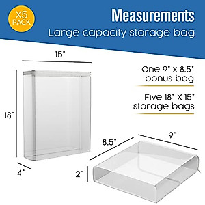 Houseables Plastic Storage Bags, Zipper Case, Clear, 18" x 15", 5 Pack, Vinyl, Moth Proof, for Blanket, Linen, Sweater, Bed Sheet, Quilt, Clothes, Pillow, Comforter, Foldable