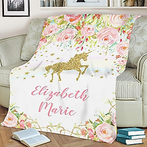 Personalized Unicorn Blanket with Name Custom Baby Blanket for Girls Customized Baby Girl Gifts Soft Plush Fleece Blankets for Shower Nursery Swaddling - Floral Unicorn9 50x60in