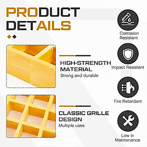 Cinnvoice 1 Pcs 36 x 25 in Fiberglass Molded Grating Floor Bar Frp Grating 1.5 x 1.5 in Square Panel Grille for Tree Grate, Pigeon Loft, Trenches, Drainage, Decks