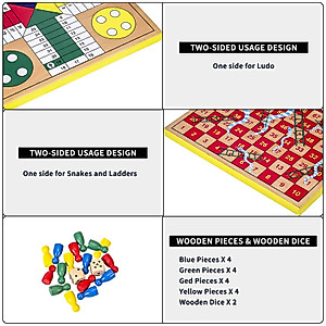 AMEROUS 12 inches Wooden Ludo Board Game - Snakes and Ladders, 2 in 1 Reversible, 1-4 Players Family Dice Games Set for Kids, Adults, Classics Tabletop Version (Gift Box Packed)