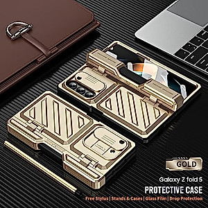 PUROOM for Samsung Galaxy Z Fold 5 Hinge Coverage Protective Case Pen Box & Kickstand, Slide Camera Lens Cover, Screen Protector Full Body Shockproof Case (Gold)