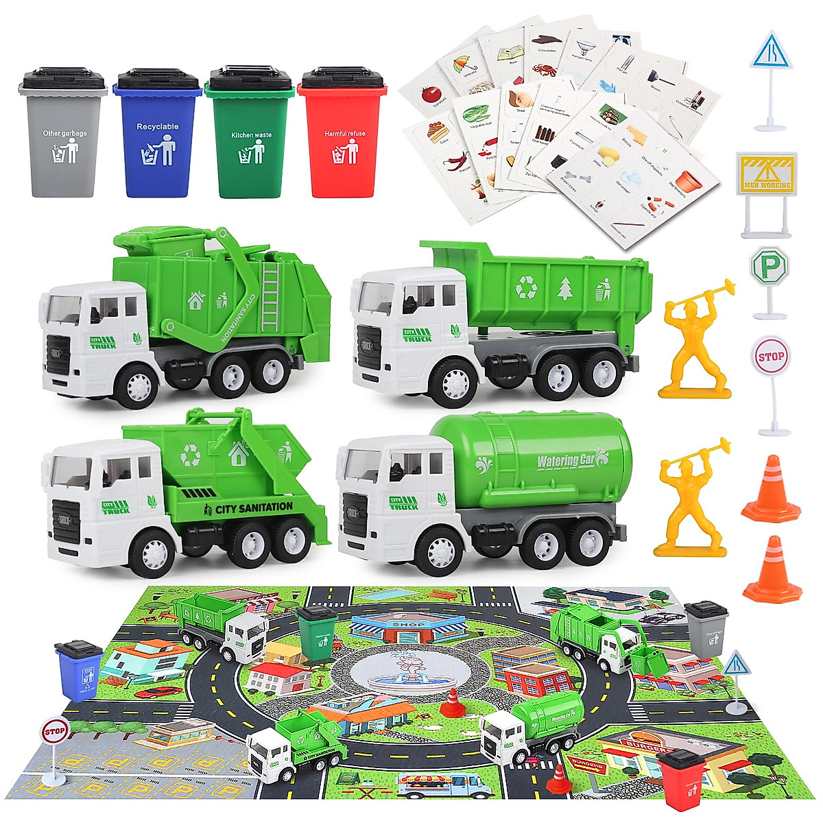 Garbage Truck Toys for Boys, 4 pcs 6" Friction Powered Trash Truck with Kids Playmat Car Rug, 8 pcs Roadblock Signpost, 4 Trash Bins with 108 pcs Trash Cards, Toy Gift for 3+ Years Old Kid