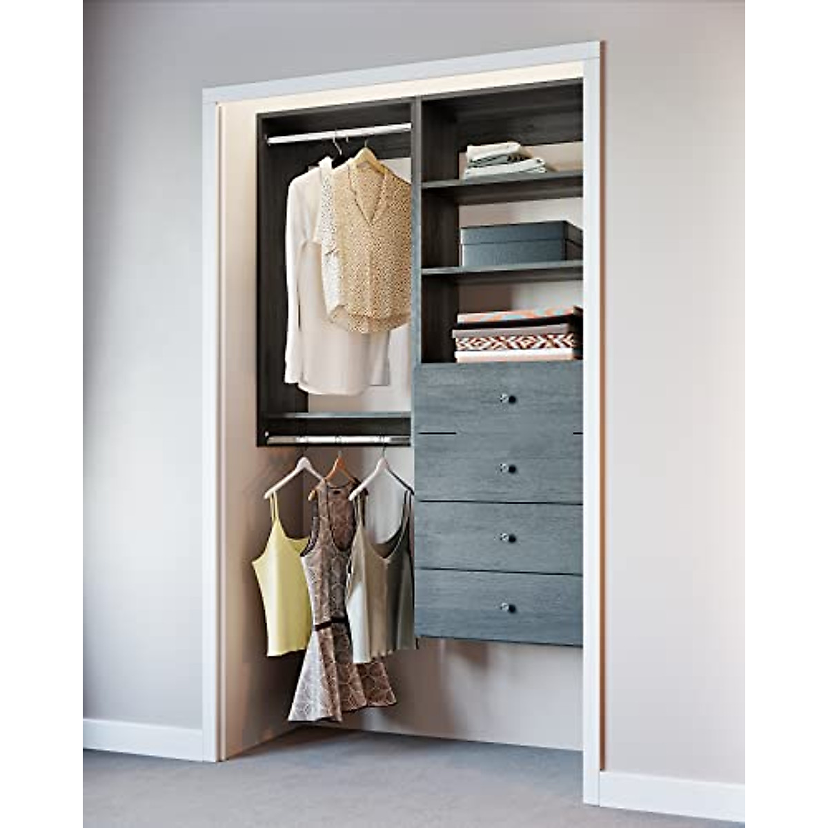 Closet Kit with Hanging Rods, Shelves & Drawers - Corner Closet System - Closet Shelves - Closet Organizers and Storage Shelves (Grey, 54 inches Wide) Closet Shelving