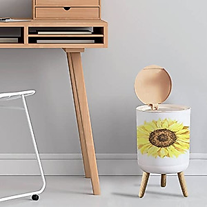 Watercolor Sunflower Inspirational Art Trash Can White Yellow Garden Round Farmhouse Garbage Bin with Lid Press Cover Wastebasket for Bedroom Kitchen Living Room Dorm 7L/1.8 Gallon