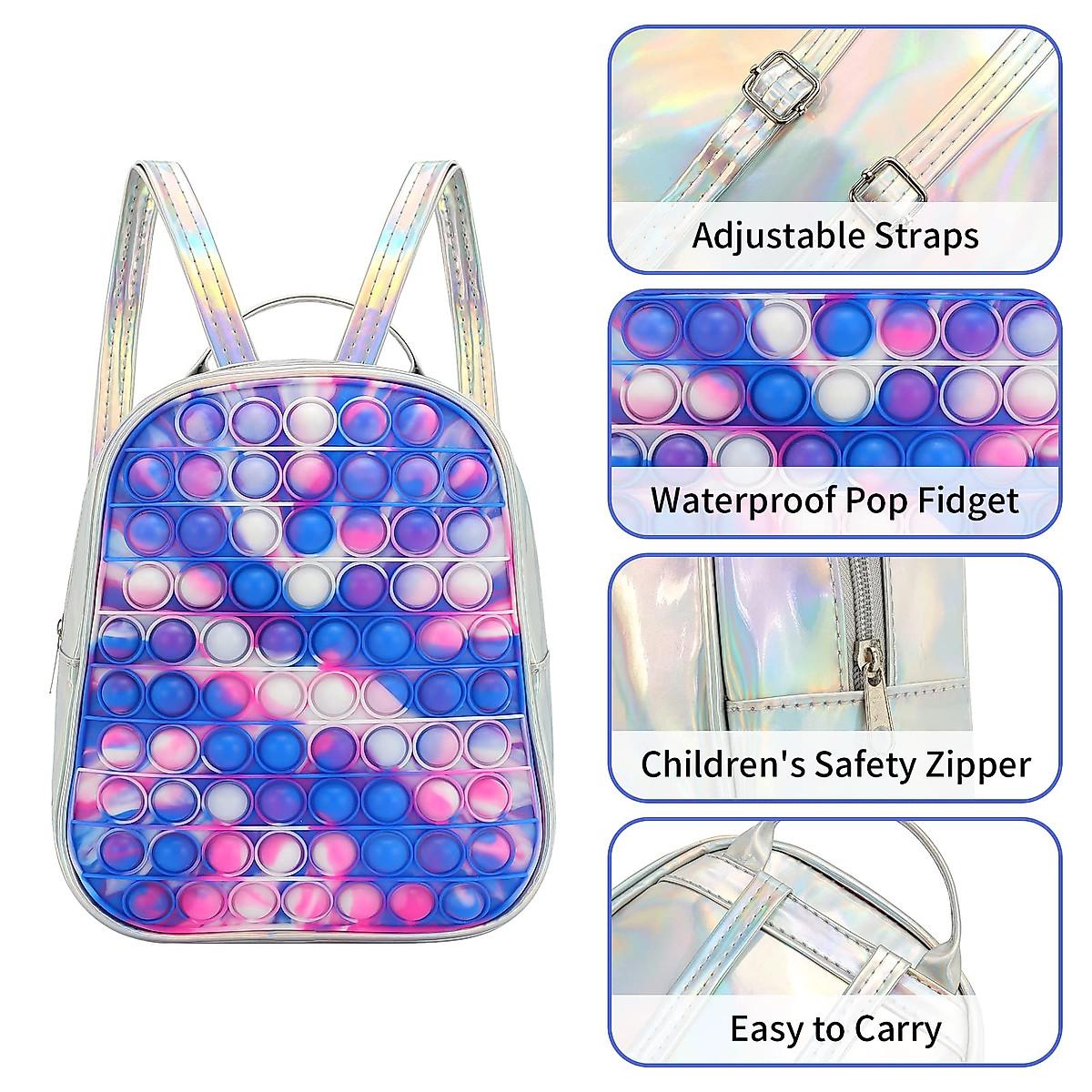 Powshinno Pop Mini Backpack Purse for Girls Boys Bag Fidget Pop Party Favors Birthday Gif Bag School Shoulder Bag(Purpleblue,Large)
