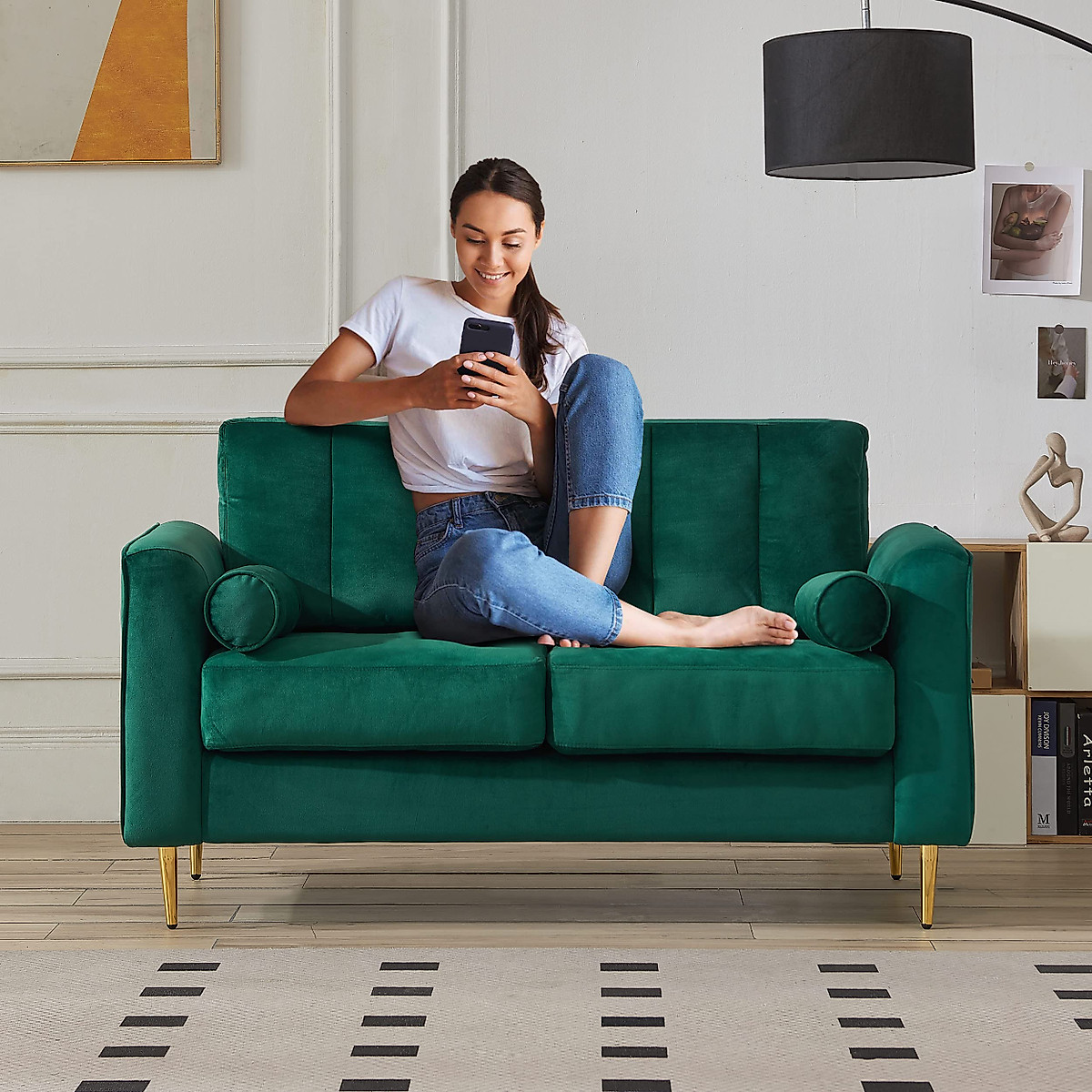 MASTI Green Velvet Loveseat Sofa for Small Spaces,59" Modern Love Seats Furniture with Golden Legs and Two Bolster Pillows Suitable for Living Room,Bedroom and Apartment