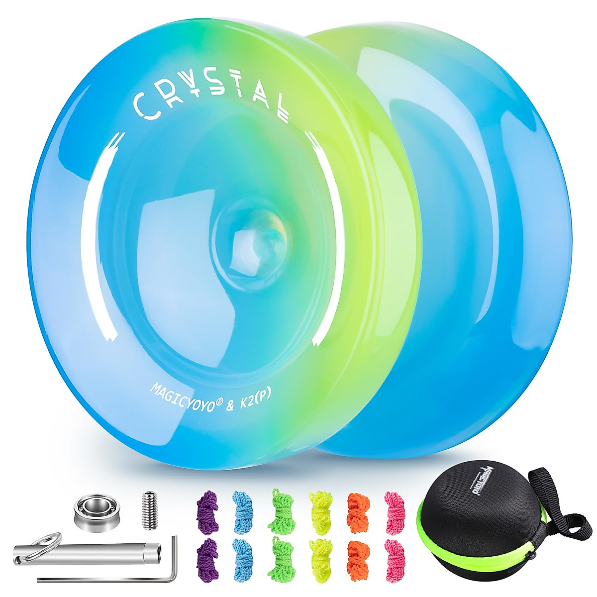 Yoyo K2 Crystal - Professional Responsive Yoyo for Kids Beginners, Dual Purpose Yo-Yo for Advanced + Extra Unresponsive Yo Yo Bearing + 12 Yoyo Strings+Storage Bag + Removal Tool ( SkyBlue Yellow)