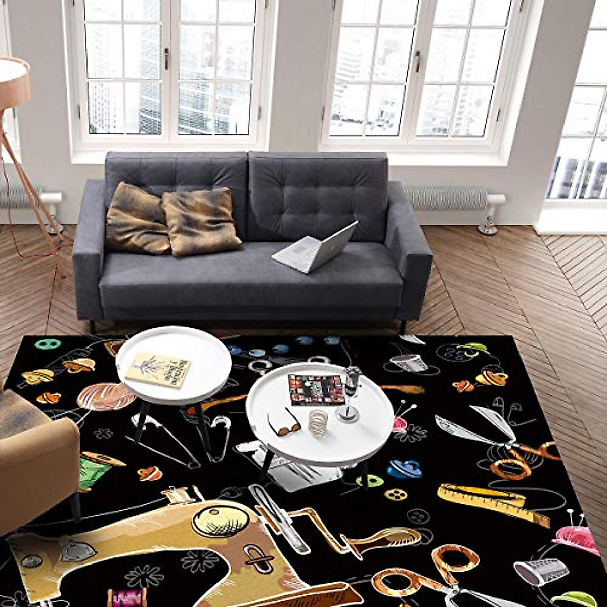 Beauty Decor Rectangle Kitchen Area Rugs 3'x5' Sewing Machine Yarn Scissors Paper Clips Non-Skid Area Carpet for Living Room Comfy Bedroom Home Decorate Floor Carpets Kids Playing Mat.
