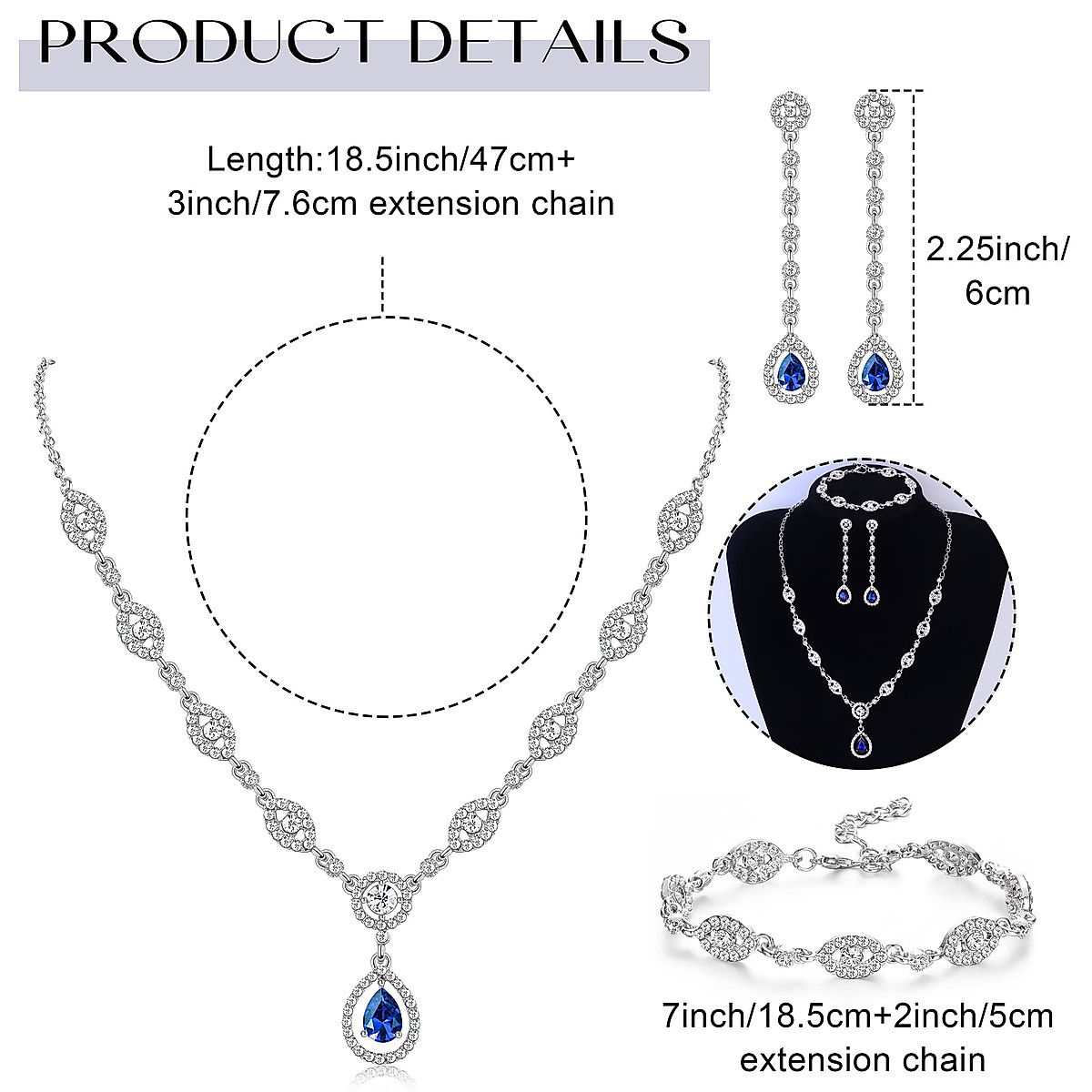 YADOCA Wedding Bridal Jewelry Set For Women Silver Prom Costume Jewelry Sets Rhinestone Crystal Teardrop Necklace Earrings Bracelet Bridesmaid Jewelry Accessories Blue