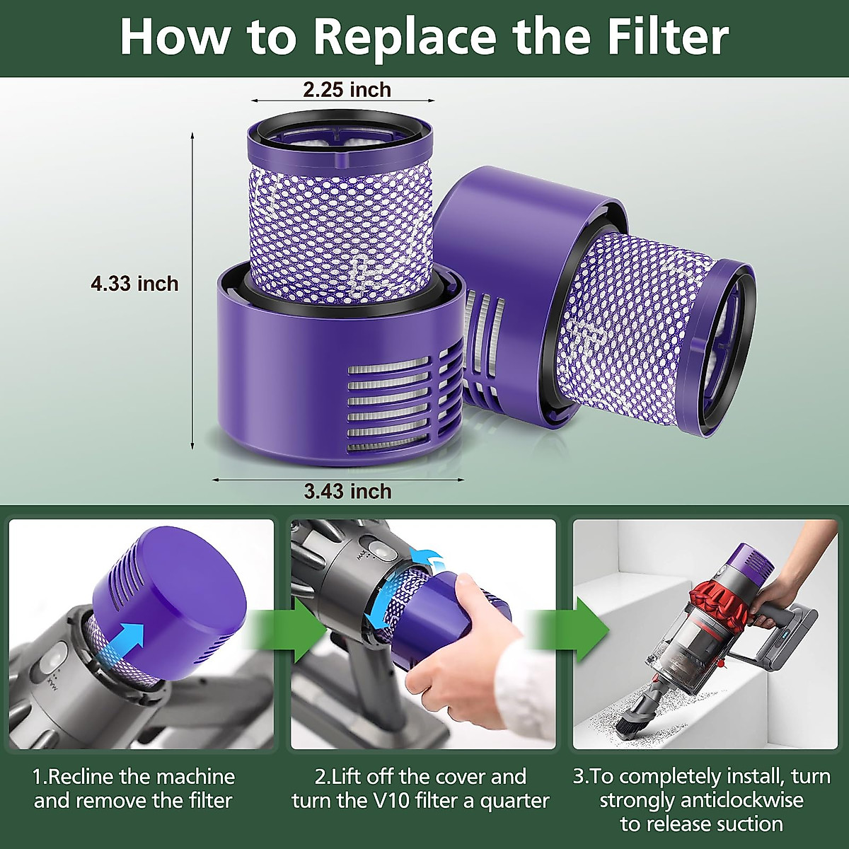 2 Pack V10 Filters Replacement for Dyson Cyclone Series, Cyclone V10 Absolute, Cyclone V10 Animal, Cyclone V10 Motorhead, Cyclone V10 Total Clean, SV12, Replaces Part # 969082-01