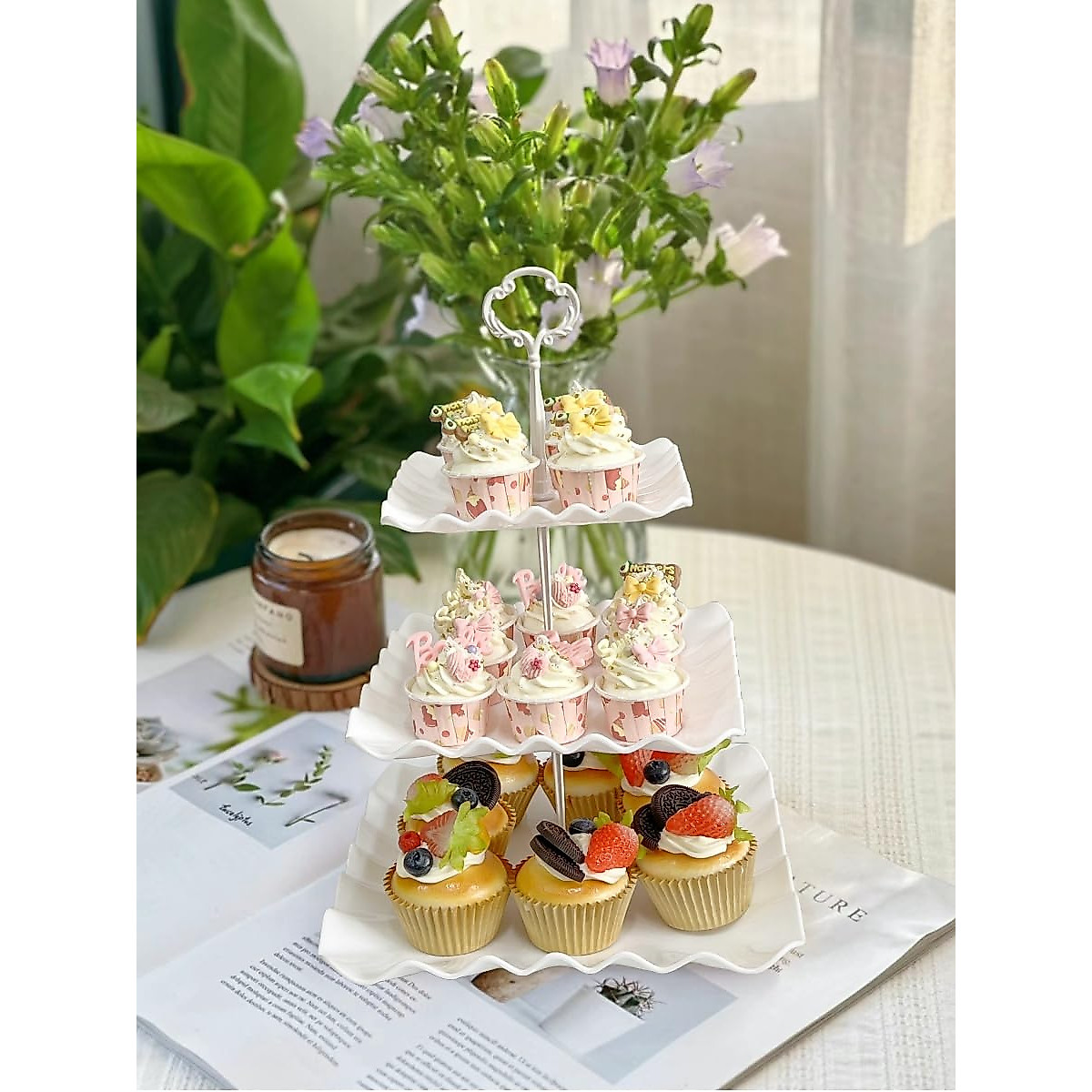5 Pcs Cupcake Stand Set - Plastic Dessert Table Display Set, 2 White Square 3 Tier Cupcake Display Stands Cookie Tray Rack Serving Tower & 3X 14 in Plastic Trays for Wedding Baby Shower Tea Party