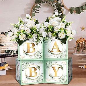 Bucherry 6 Pcs Baby Shower Party Decorations Baby Flower Boxes Centerpiece Rustic Table Display with Letters Gender Reveal Party Favor Block Holder(Green,Sage Green Leaf)