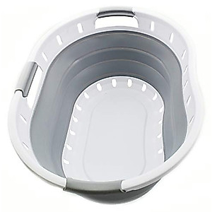 SAMMART 36L (9.5 Gallon) Collapsible 3 Handled Plastic Laundry Basket - Oval Basket - Foldable Storage Container/Organizer - Space Saving Laundry Hamper (White/Grey)