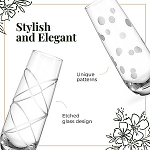 Fifth Avenue Crystal Medallion Stemless Champagne Flutes, Durable Glass, Mimosa, Cocktail Glasses Set, Prosecco Wine Flute, Bar Glassware, Toasting Wedding Glasses, Set of 6, Etched Patterns, 9.5oz