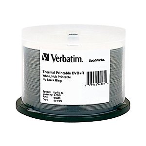 Verbatim DVD+R 4.7GB 8X DataLifePlus White Thermal Printable, Hub Printable - 50pk Spindle