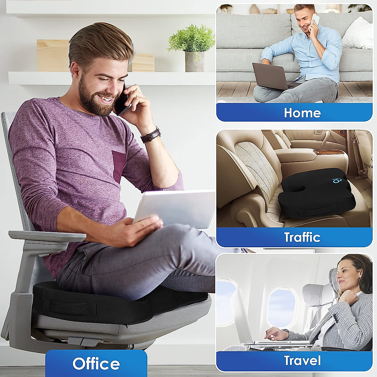 TushGuard Seat Cushion for Office Chair Memory Foam Non-Slip Desk Chair Cushion Back, Coccyx, Sciatica, Tailbone Pain Relief Butt Pillow for Office Chair, Car, Wheelchair, Blue Foam, Black