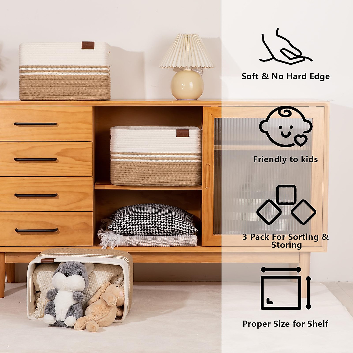 SIXDOVE Storage Basket, Woven Basket for Toys and Towels, Soft Cotton Rope Rectangle Woven Basket for Storage, Pack of 3, Jute and White, 15''L x 10''W x 9''H