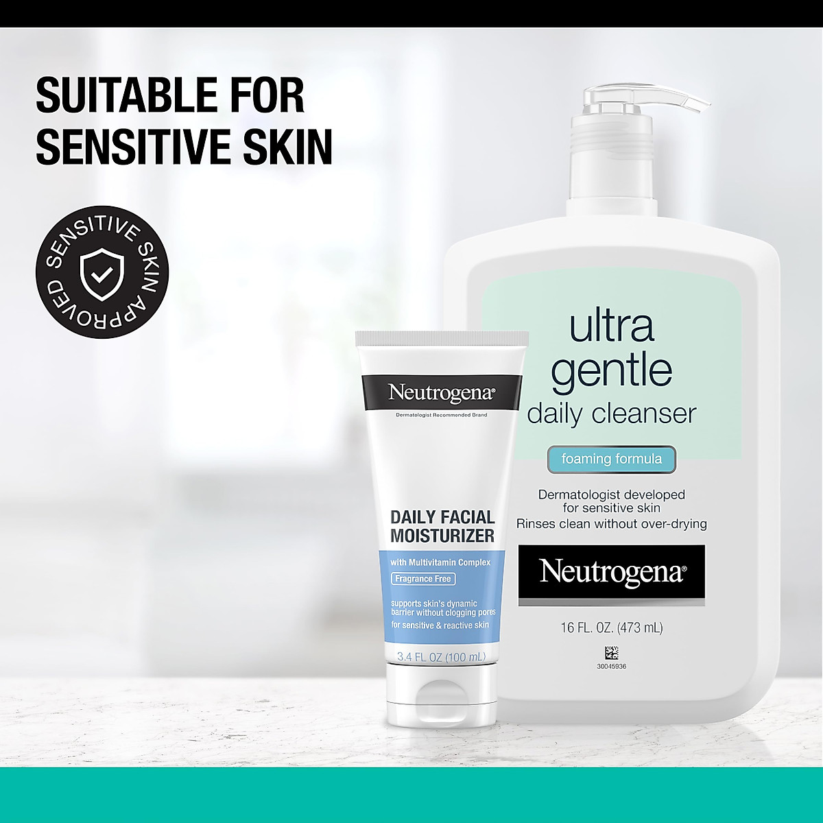 Neutrogena Ultra Gentle Daily Foaming Facial Cleanser, 16 fl. oz, Daily Facial Moisturizer, 3.4 fl. oz, Non-Comedogenic Skincare for Sensitive Skin, 2 Items