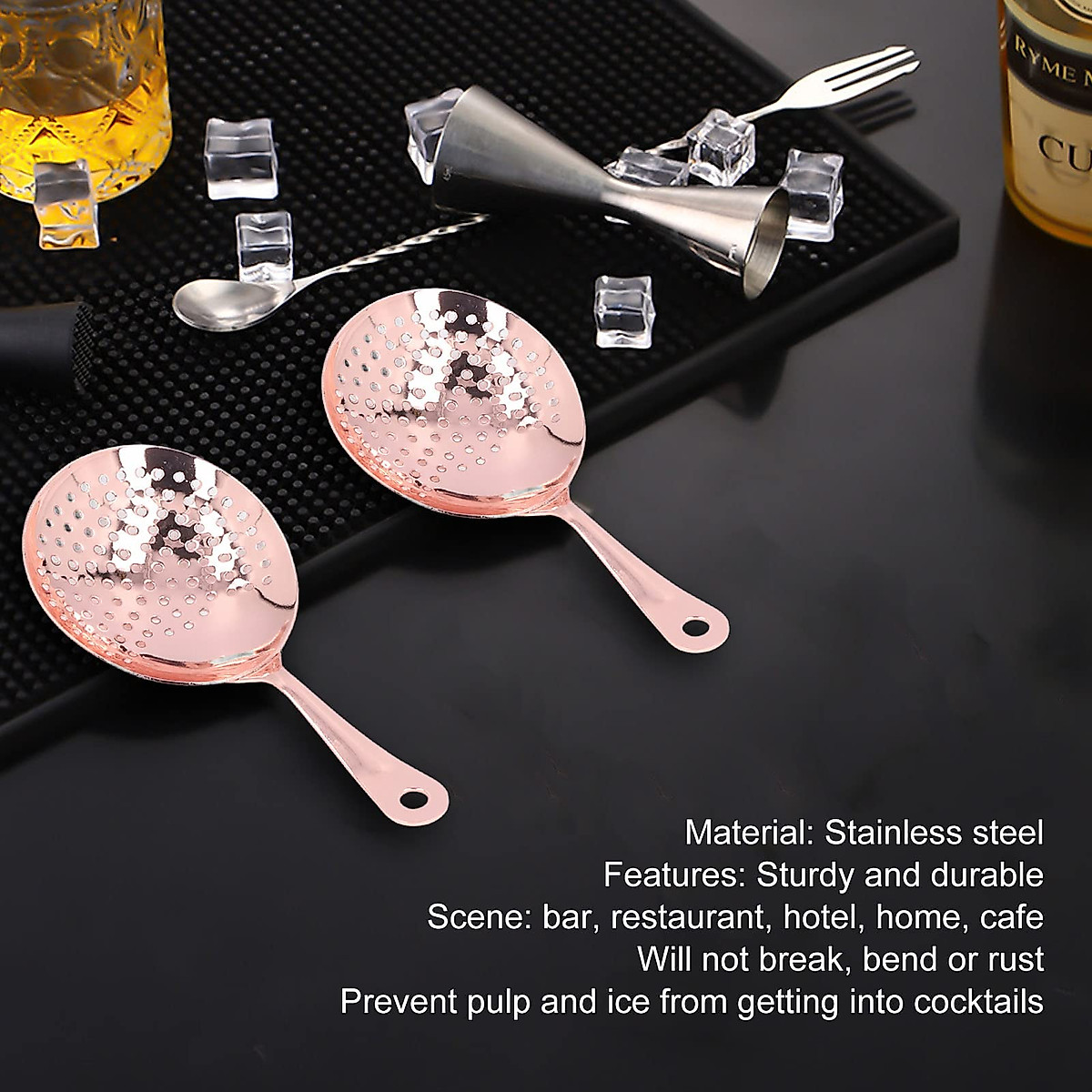 Julep Strainer, Stainless Steel Bar Strainer Cocktail Strainer Spoon for Home Bar, 6.9 x 2.9in(Rose Gold)