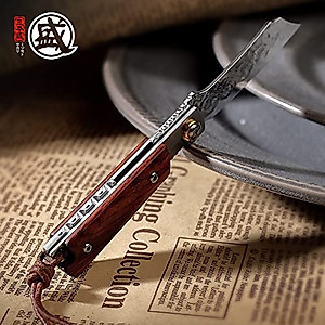 MITSUMOTO SAKARI 3-inch Japanese Pocket Knife, VG10 Damascus Steel Paring Knife, Professional Hand Forged Fruit Knife Chef Knife (Yellow Sandalwood Handle & Gift Box)