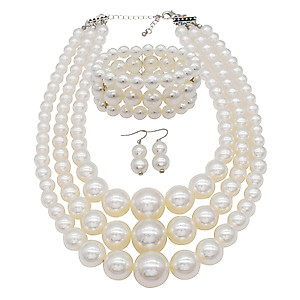 We Imitation Pearl Necklace for Women Large Chunky Pearl Necklaces Multilayer Pearl Necklace and Earring 1920s Costume Jewelry set (white pearl necklace set)