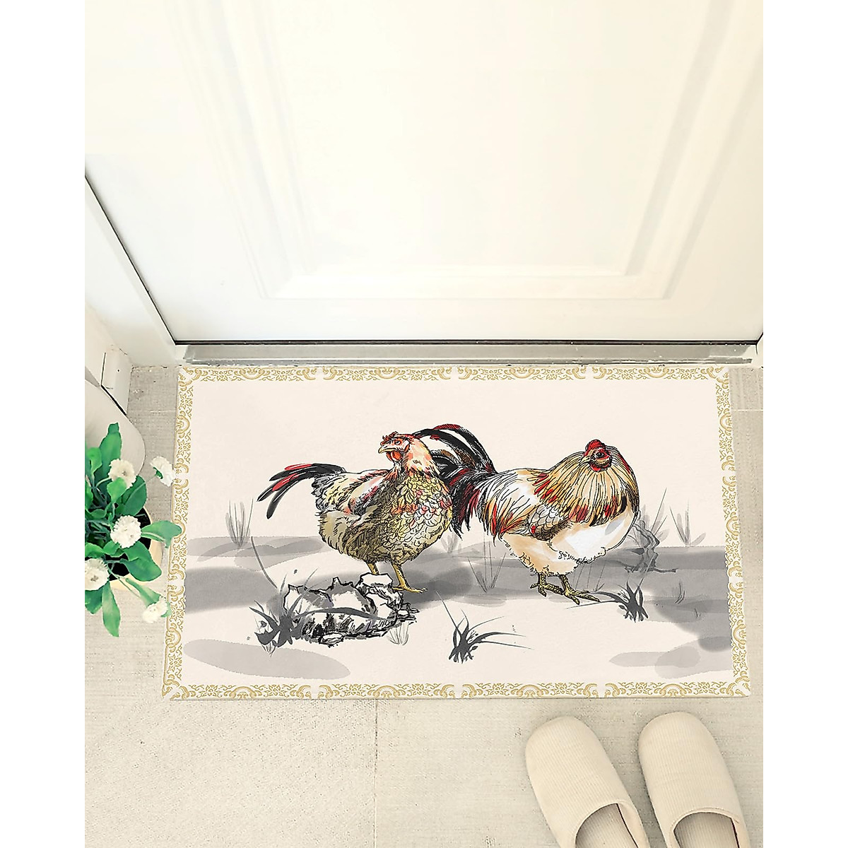 Shag Door Mats Bath Rugs Farmhouse Rooster Ink Art Oriental Art,Soft Fluffy Doormats Non Slip Carpet Farm Animal Retro Border,Shaggy Fuzzy Area Throw Rug for Kitchen/Bathroom/Bedroom 16x24In
