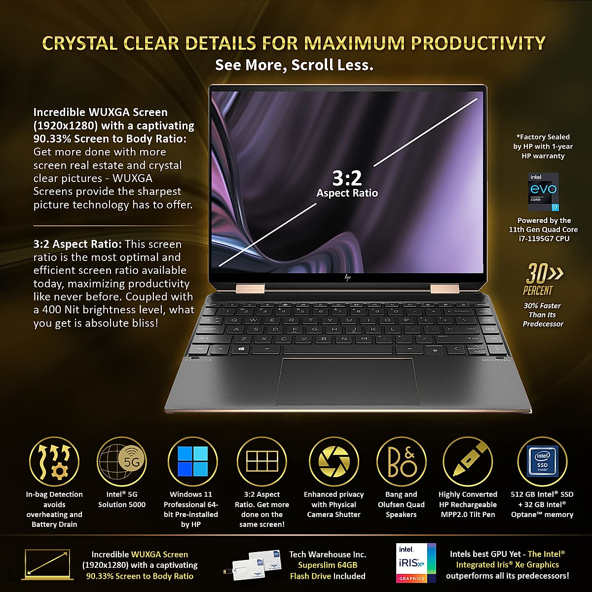 HP Spectre x360 Luxury 14T, 13.5" 3:2 WUXGA Touch, Intel i7-1195G7, 16GB RAM, 512GB SSD+32GB Optane, Intel 5G nanoSim Slot, Fingerprint, Tilt Pen, Black, Win 11 Pro, 64GB TechWarehouse Flashdrive