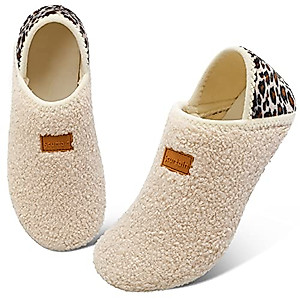 Scurtain Unisex Mens Womens Slippers Socks Artificial Woolen Slippers for Men Women with Non-Slip Rubber Sole Fitkicks Shoes for Women Bedroom Slippers Women Slip on Shoes Beige/Leopard 6-7